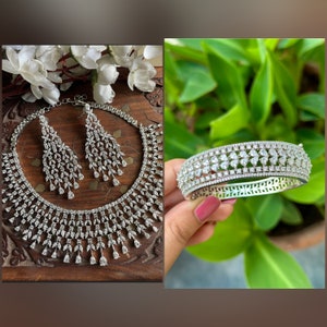 White/silver Faux Diamond High Quality Necklace Set/indian Bridal Jewellery/cz Diamond Necklace ...