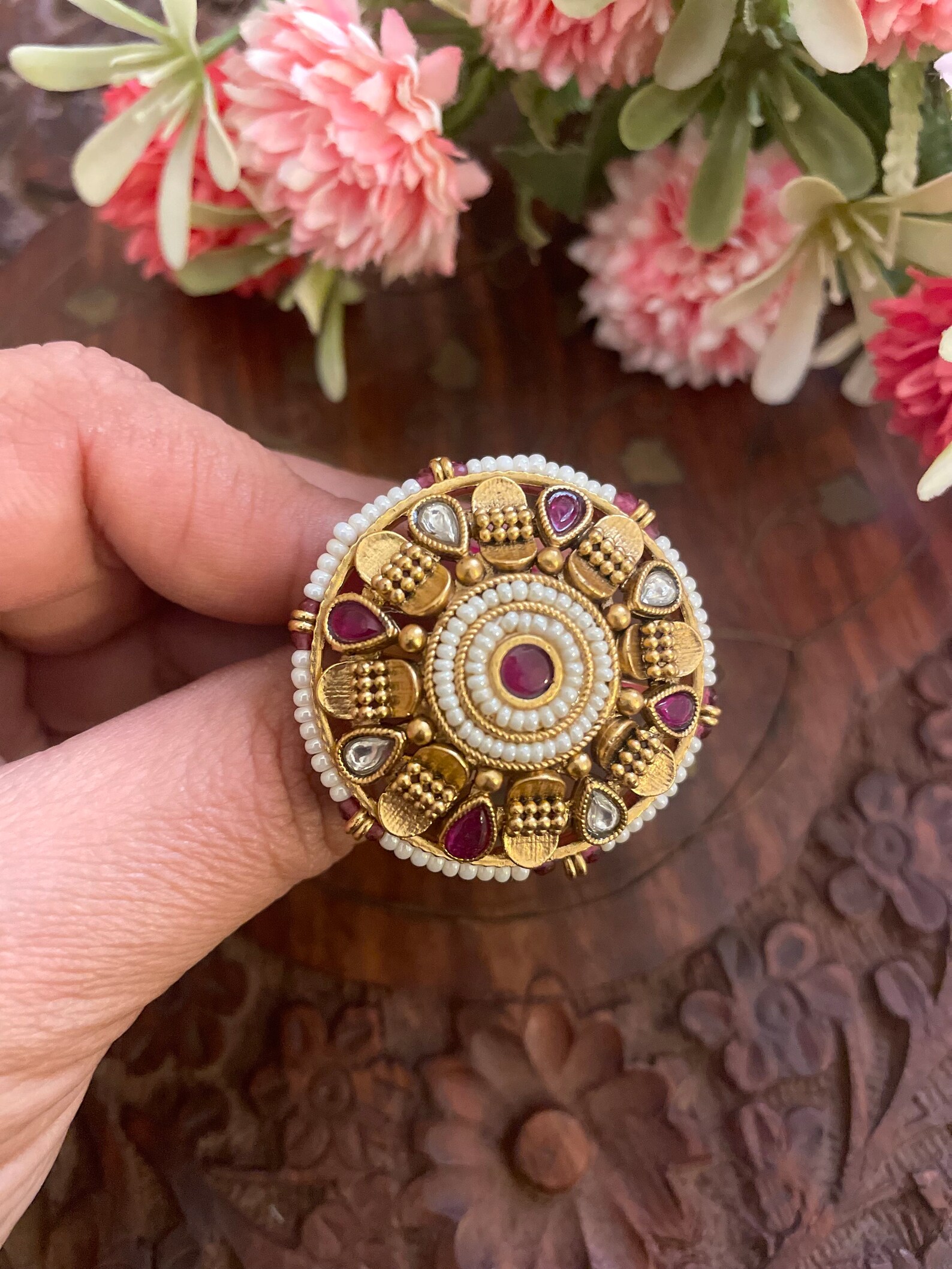 MINA AD Stone Studded Matt Gold Ring,temple Jewellery,south Indian ...