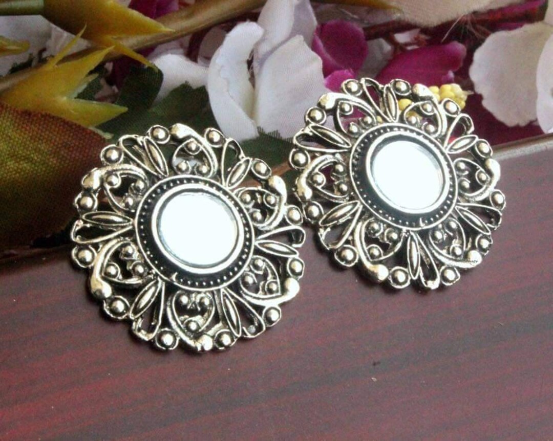 Afghani Jewellery,mirror Jewelry,afghani Mirror Studs in German Silver ...