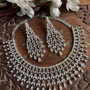 White/silver Faux Diamond High Quality Necklace Set/indian Bridal Jewellery/cz Diamond Necklace ...