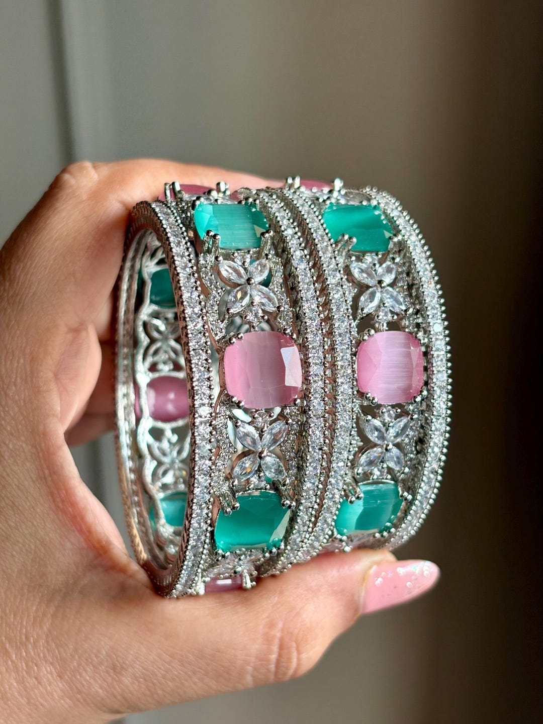 AMARA Mint Pink Colour American Diamond Bangle Set AD Bangle Set of 6 ...