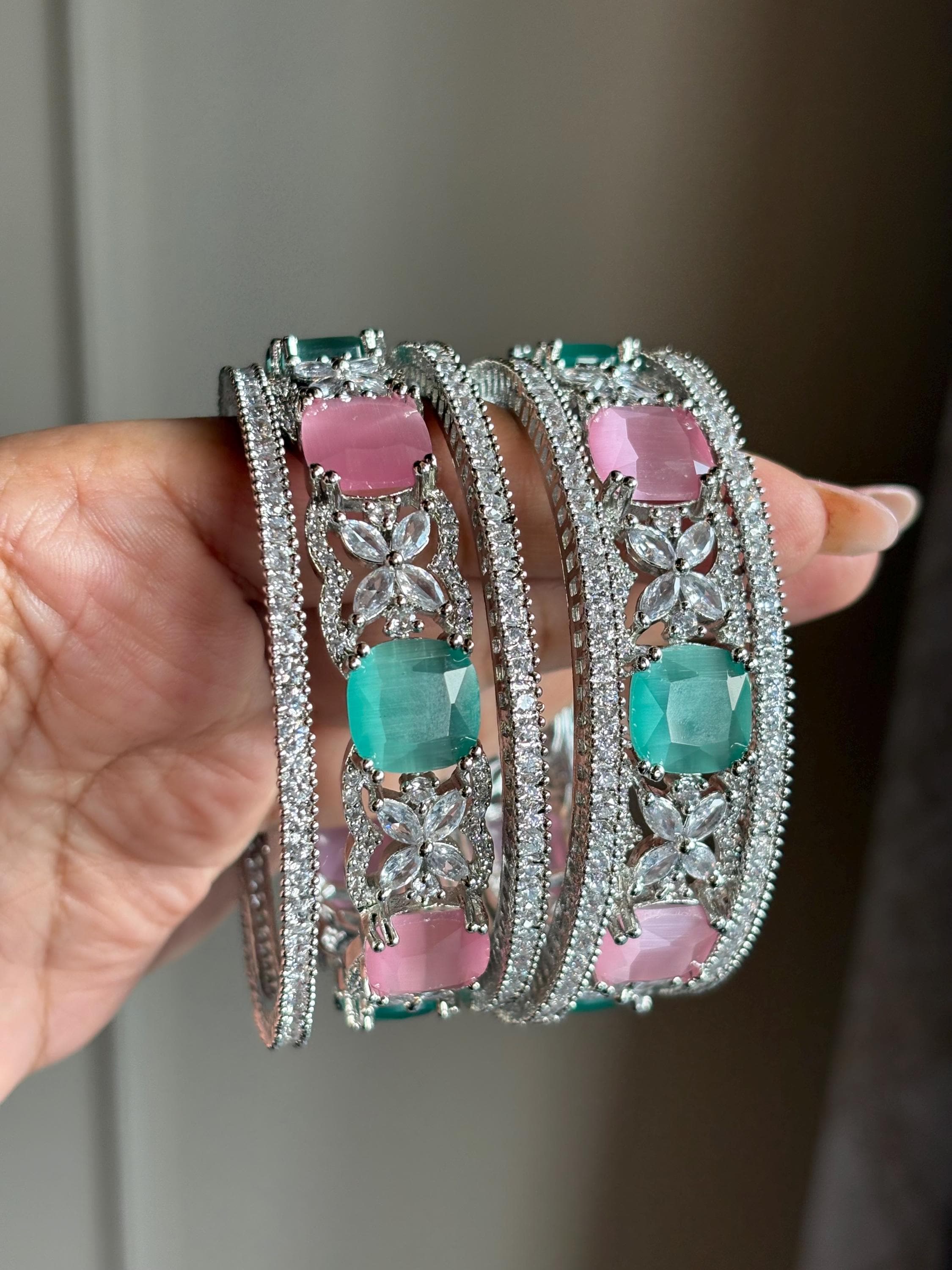 AMARA Mint Pink Colour American Diamond Bangle Set AD Bangle Set of 6 ...