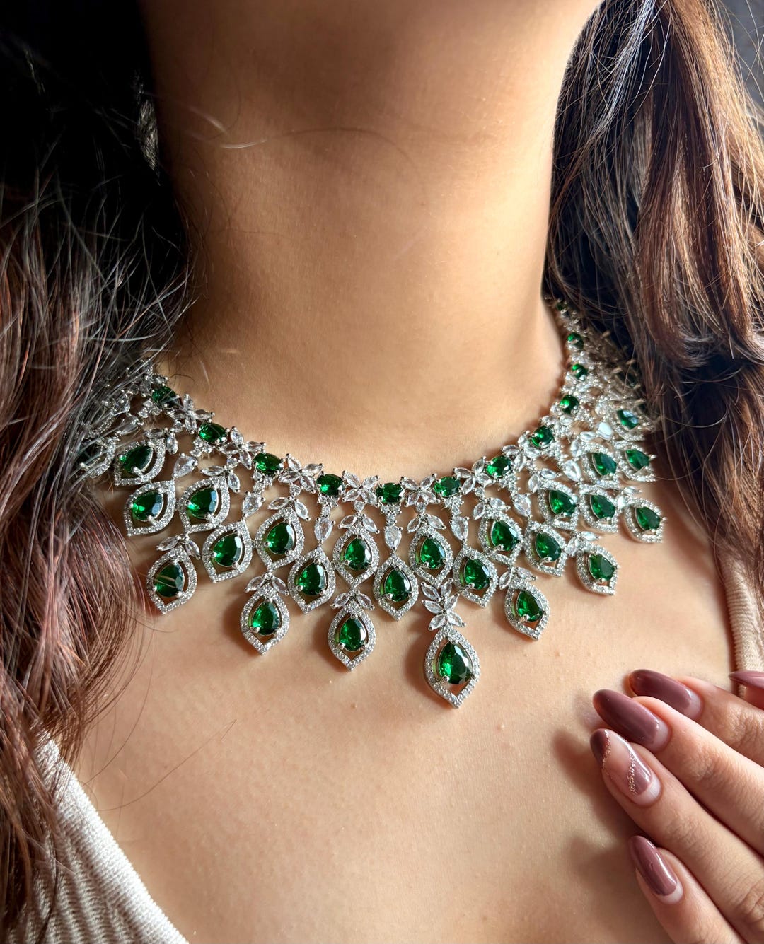 TRISHA Premium Quality Green Faux Diamond Look Alike Necklace and ...