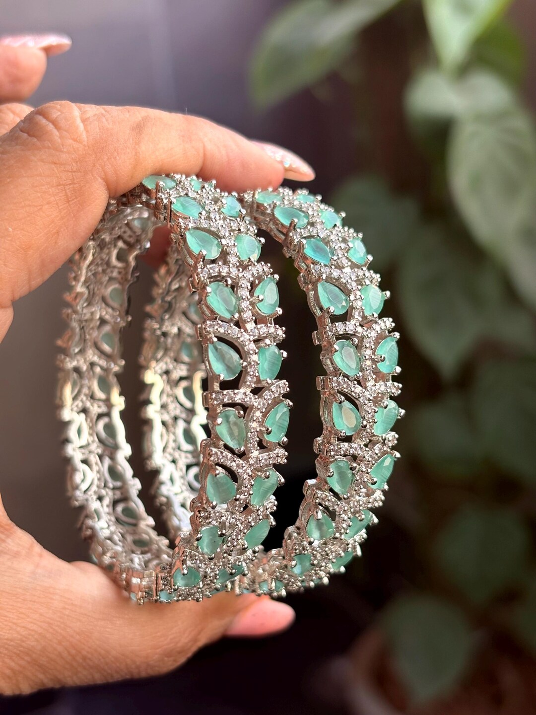 RUNIMA Mint Green American Diamond Bangle Set, AD Bangle Set of 2 Zircon Bangles,indian ...