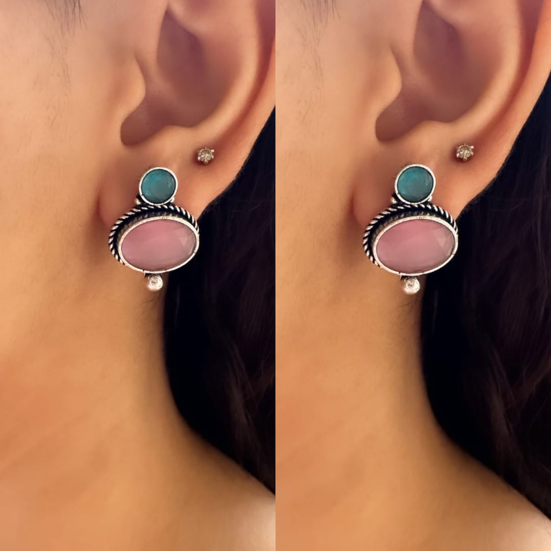 German Silver Pink Blue Stone Studs Indian Antique Earrings Oxidized ...