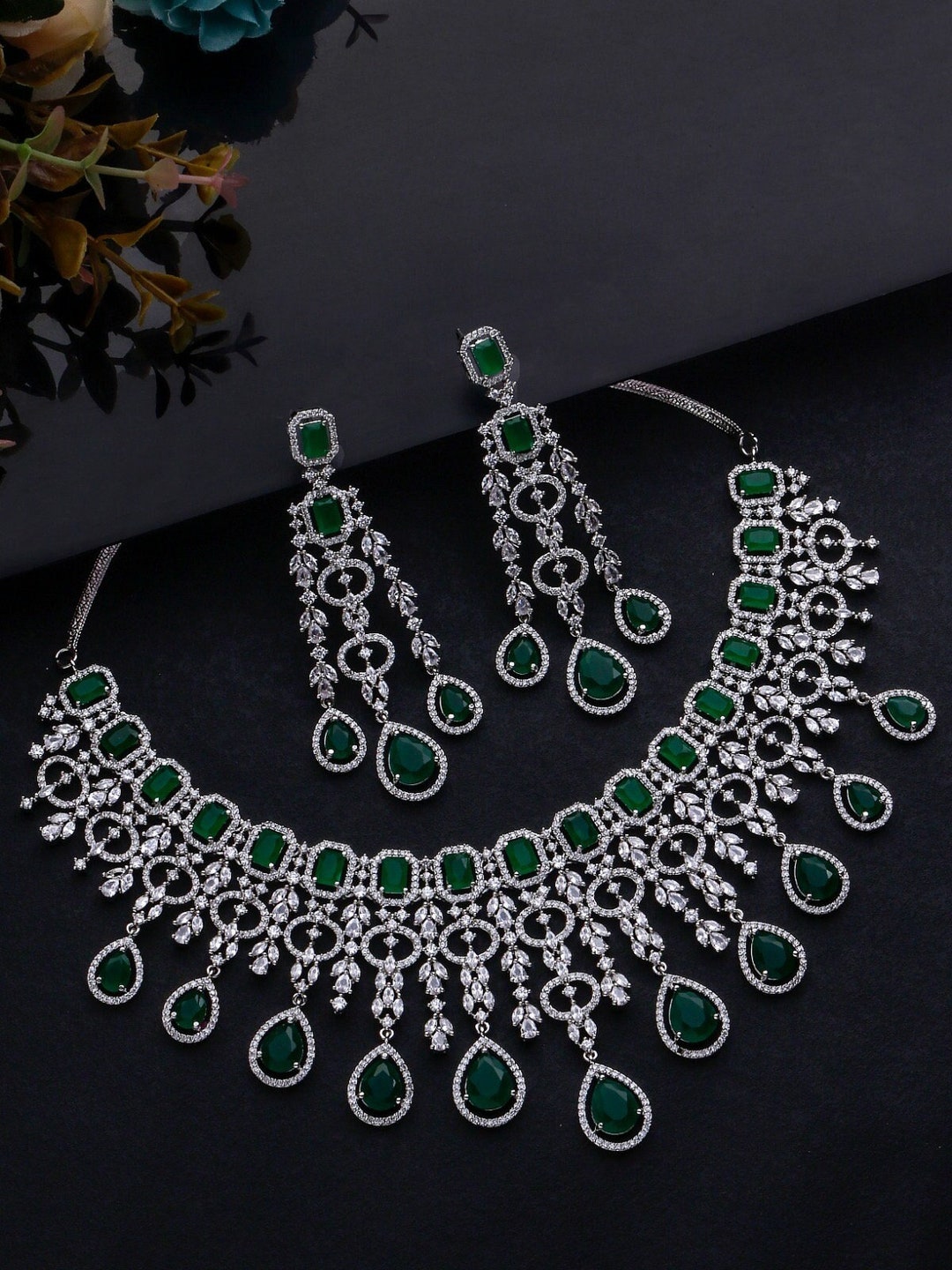Emerald Green American Diamond Necklace Set Indian Bridal - Etsy