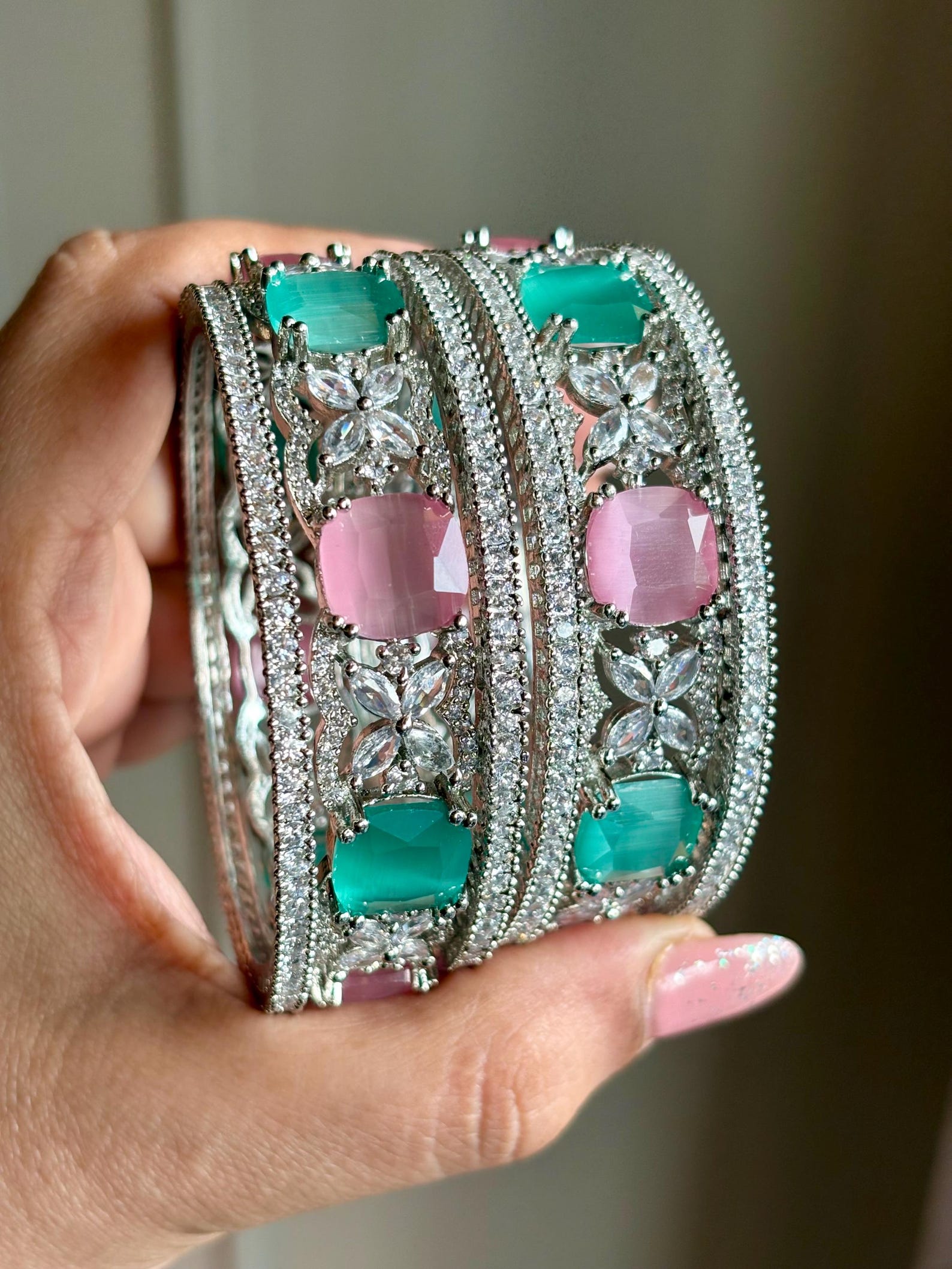 AMARA Mint Pink Colour American Diamond Bangle Set AD Bangle Set of 6 ...