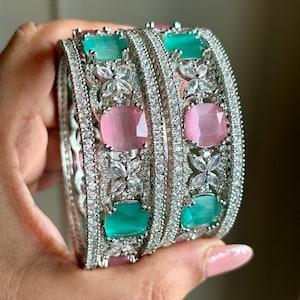 AMARA Mint Pink Colour American Diamond Bangle Set AD Bangle Set of 6 ...