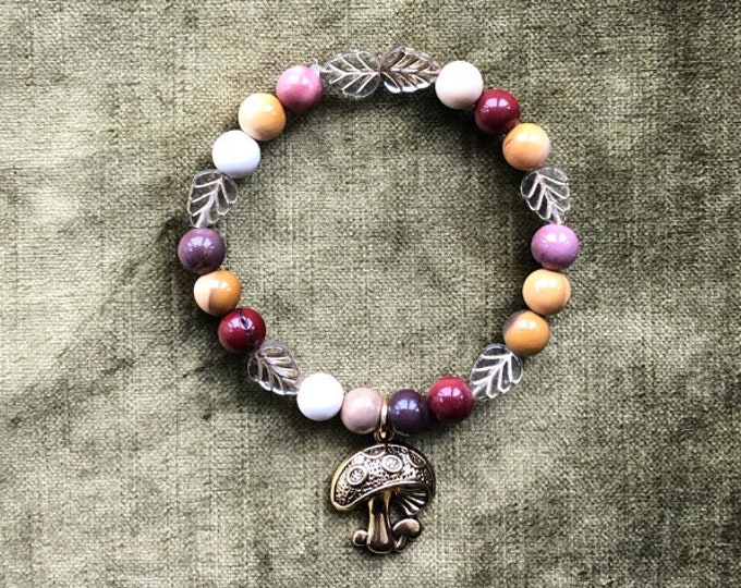 Mushroom Bracelet - Cottagecore Mookaite Beaded Toadstool Gold Charm ...