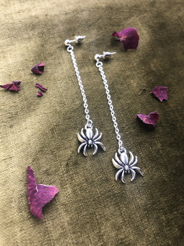 Spider Earrings Gothic Dark Cottagecore Silver Spider Dangle | Etsy
