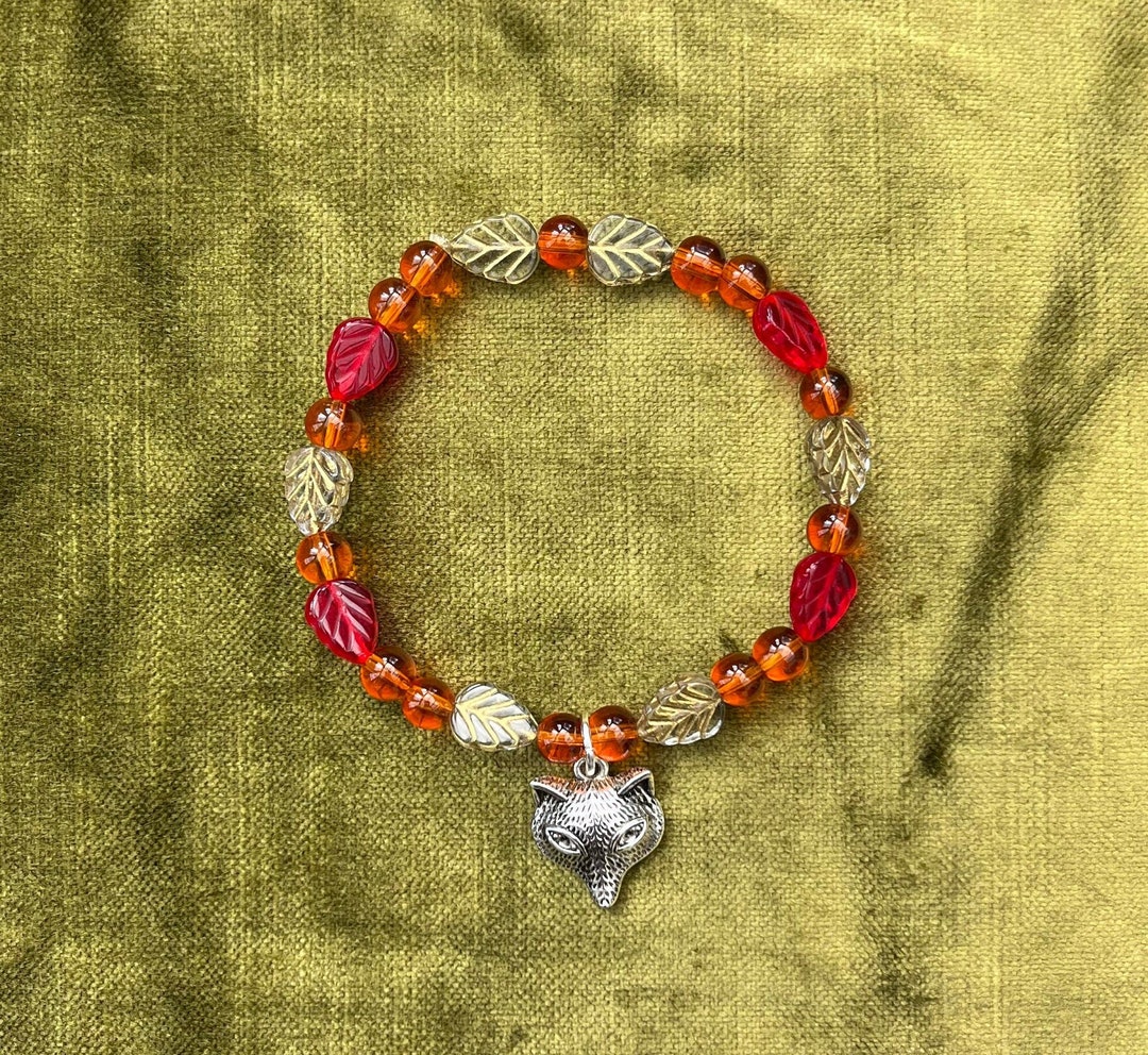 Fox Bracelet - Orange, Red and Gold Czech Glass Leaf Bead Bangle With ...