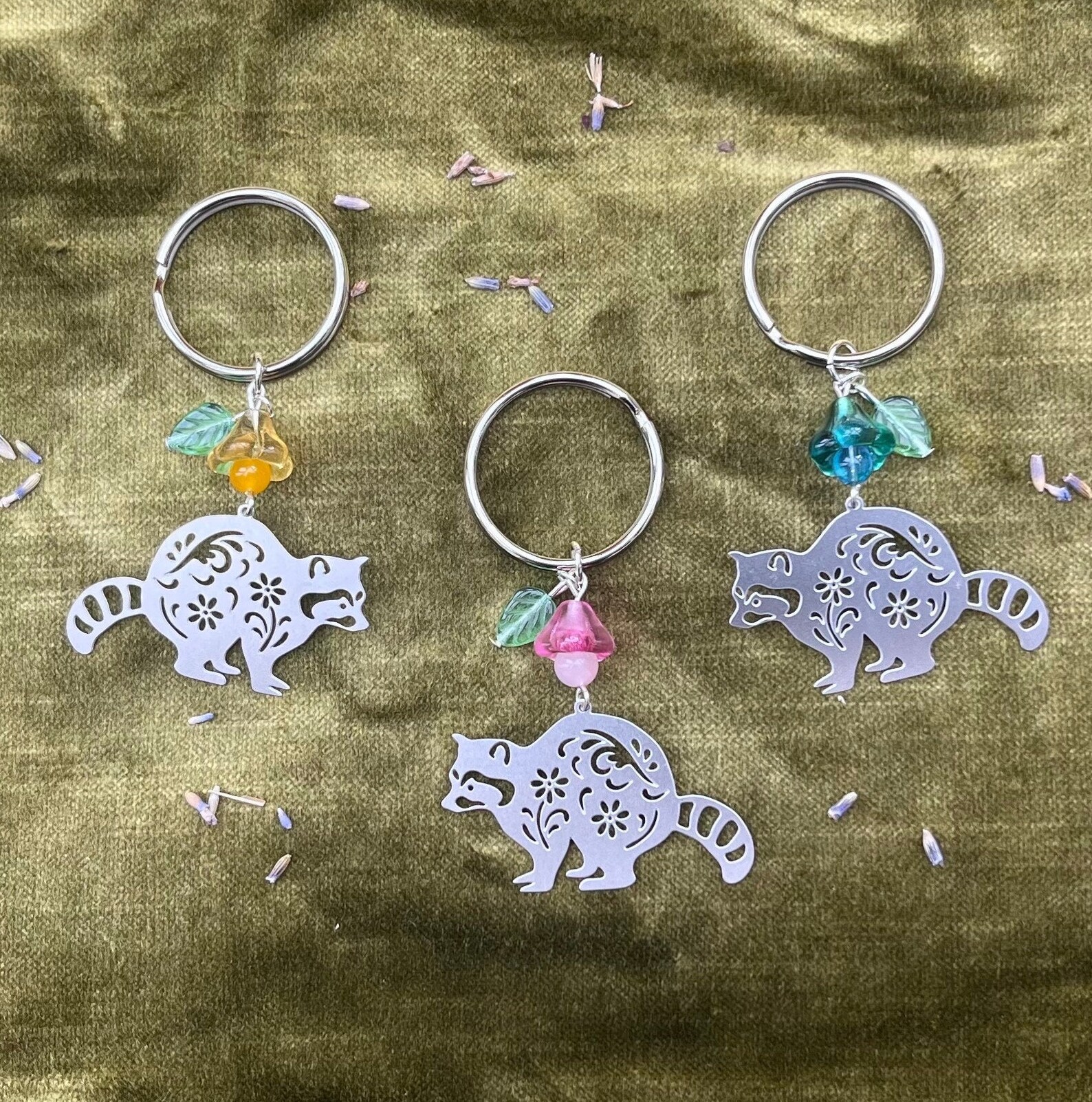 Raccoon Keyring - Silver Raccoon, Czech Glass Flower and Leaf Keyring ...