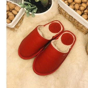 Women Slippers Red Slippers Leather Slippers Wool Slippers | Etsy