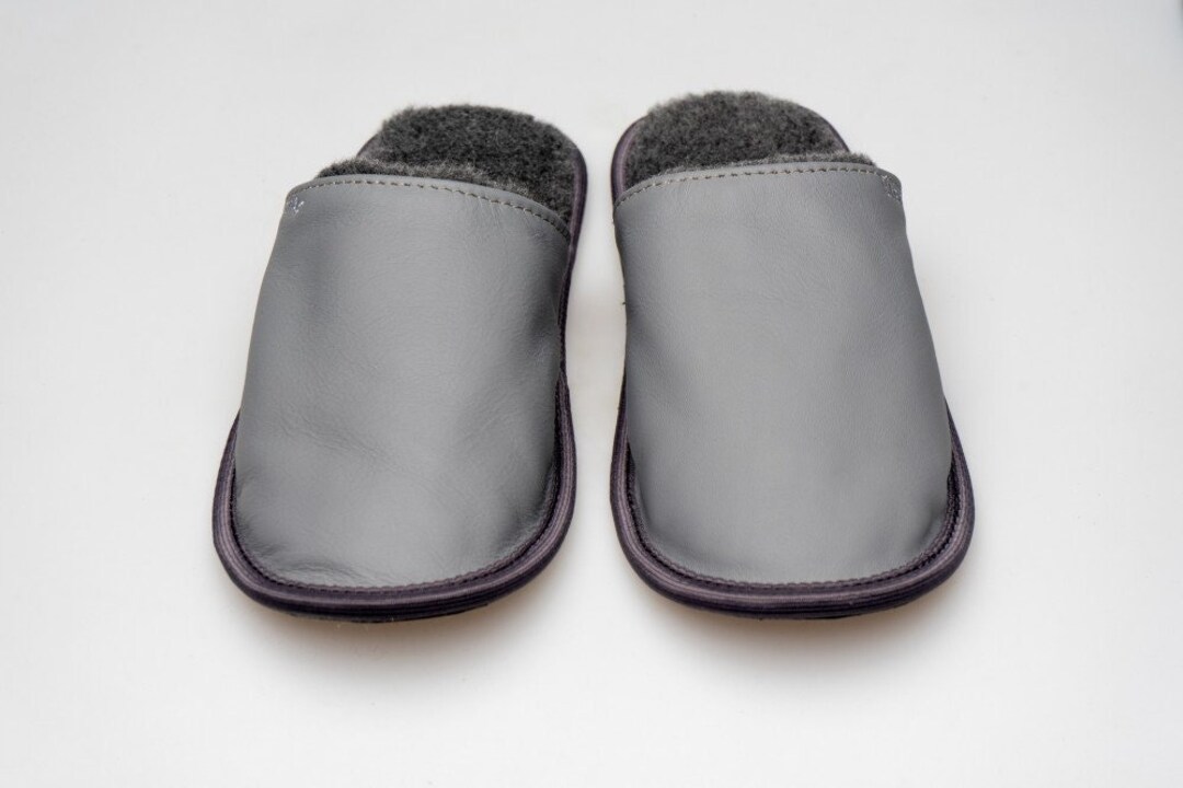 Gray Leather Slippers for Women With Black Merino Wool, Closed Toe - Etsy