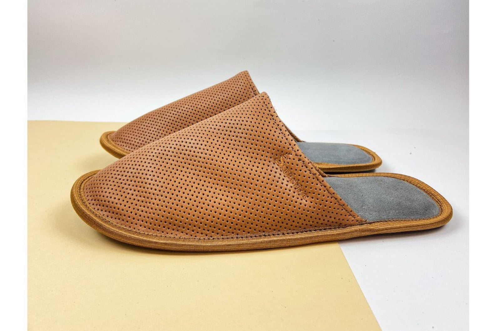 Light Brown Slippers for Men, Leather Home Shoes Men, Cozy Slippers ...