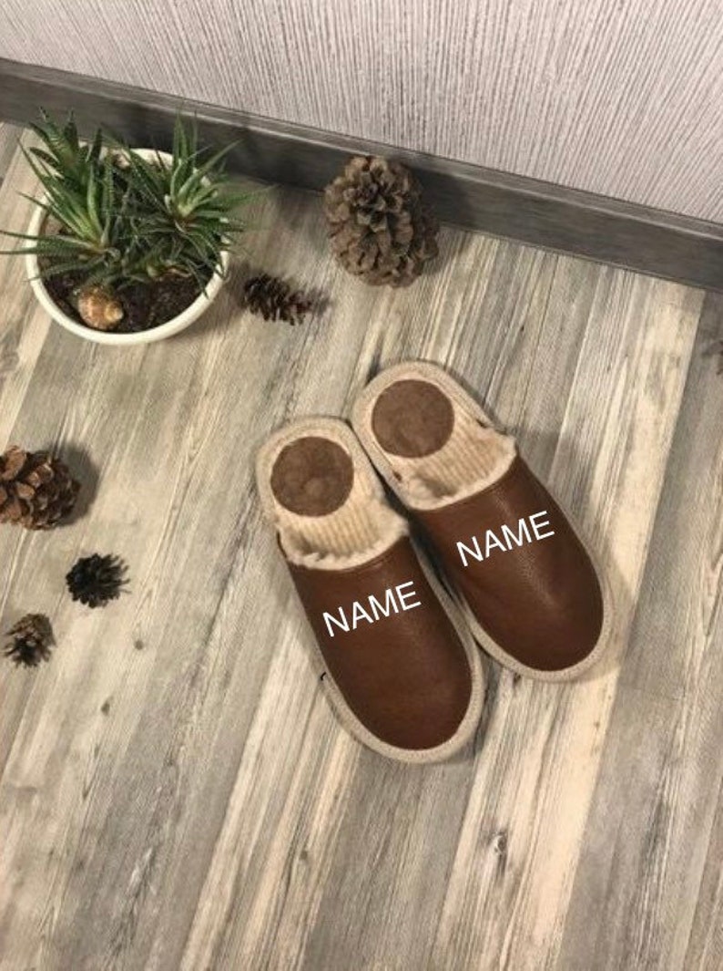Personalized Brown Leather Slippers for Men: Embroidered Merino Wool ...