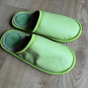 Green Leather Slippers for Women With Merino Wool - Etsy
