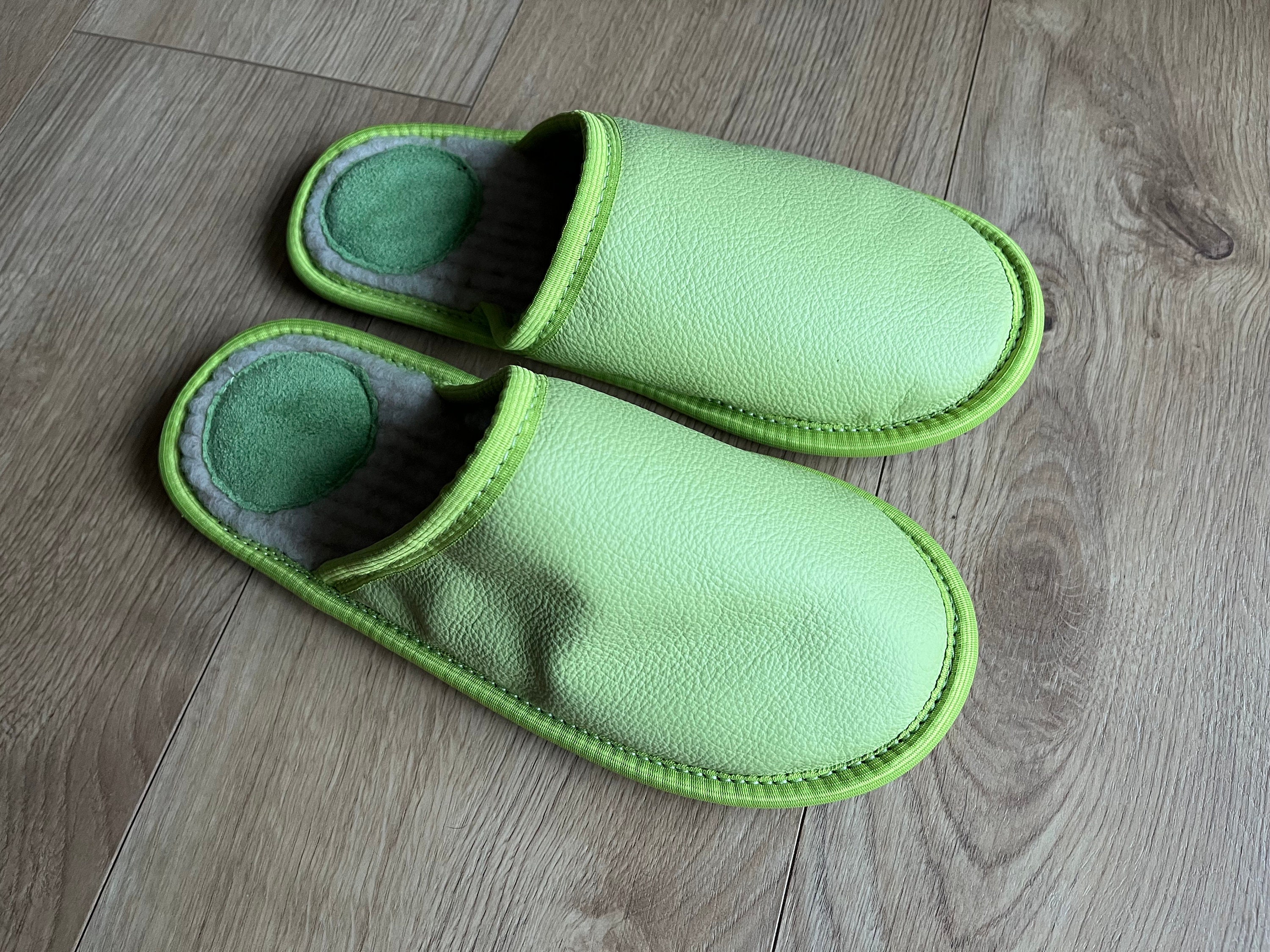 Green Leather Slippers for Women With Merino Wool - Etsy