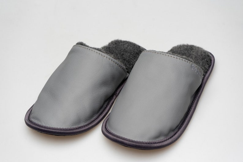 Gray Leather Slides With Merino Wool for Men - Etsy