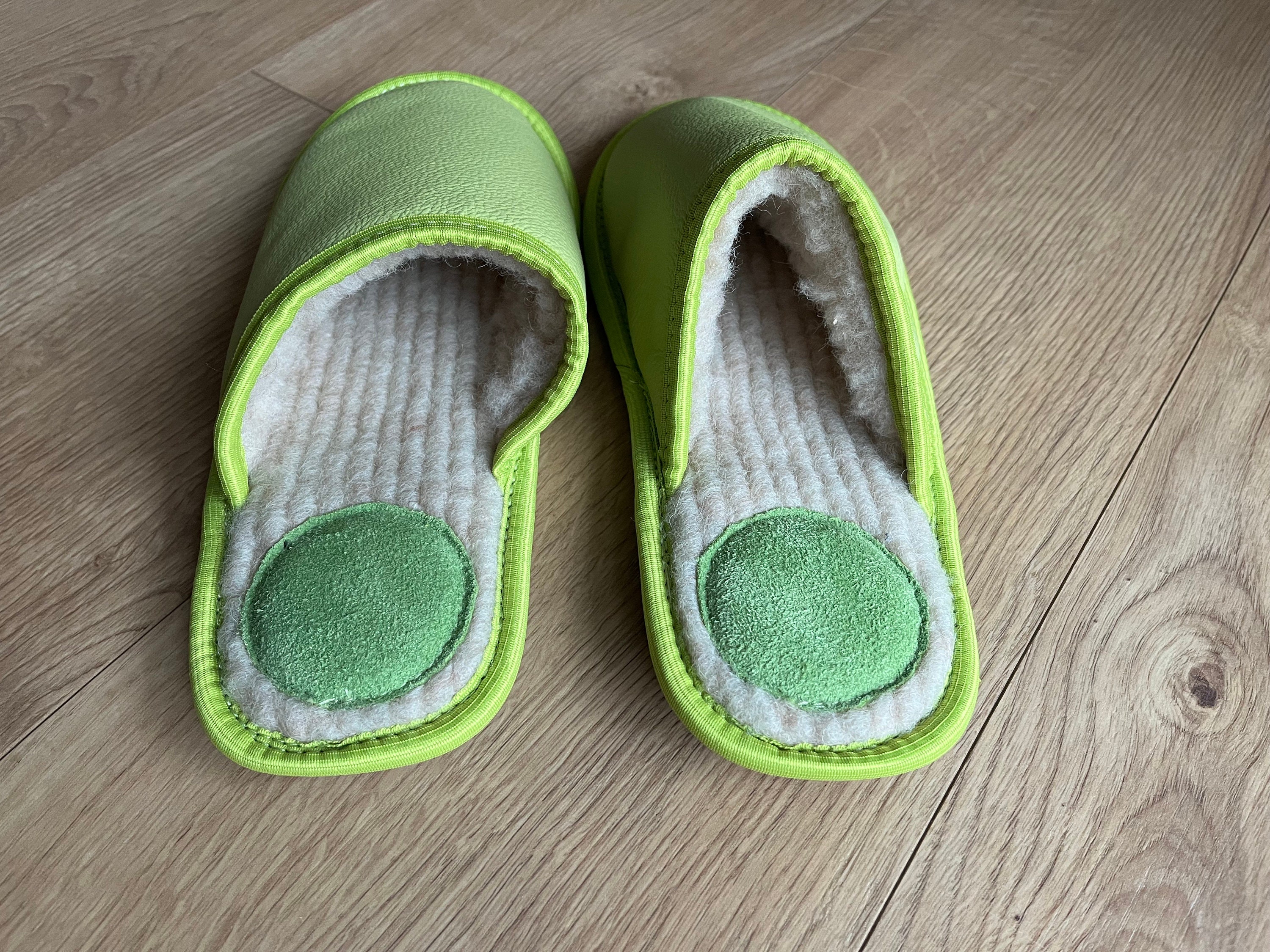Green Leather Slippers for Women With Merino Wool - Etsy