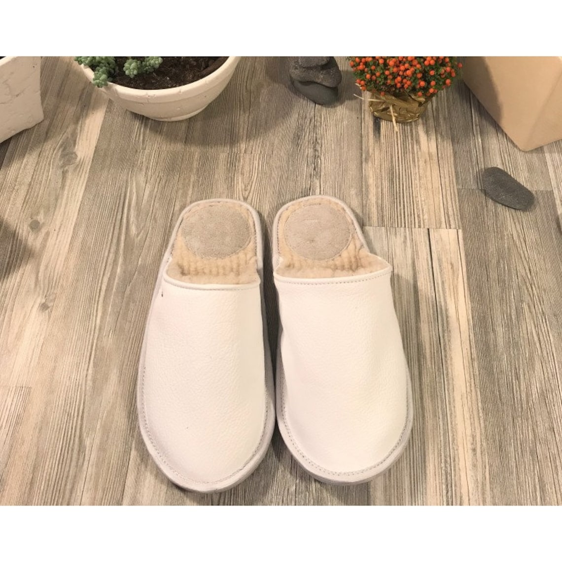 Handmade White Leather Slippers for Women: Warm Wool House Shoes - Etsy