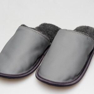 Gray Leather Slippers for Women With Black Merino Wool, Closed Toe - Etsy