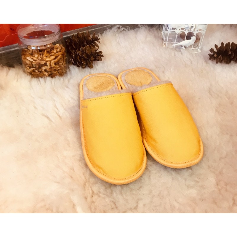 Yellow Slippers, Men Slippers, Leather Slippers, Merino Wool Slippers ...