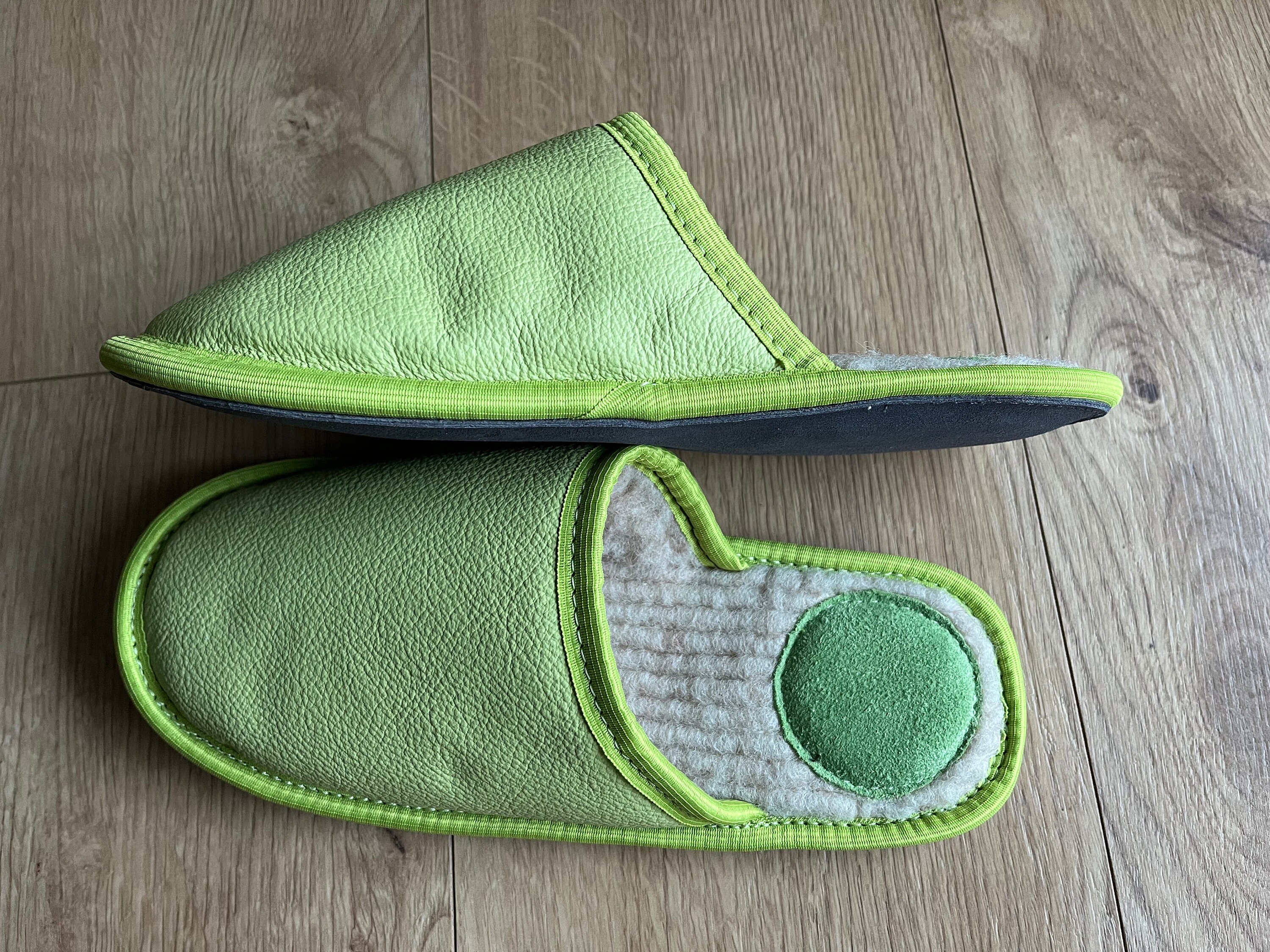 Green Leather Slippers for Women With Merino Wool - Etsy