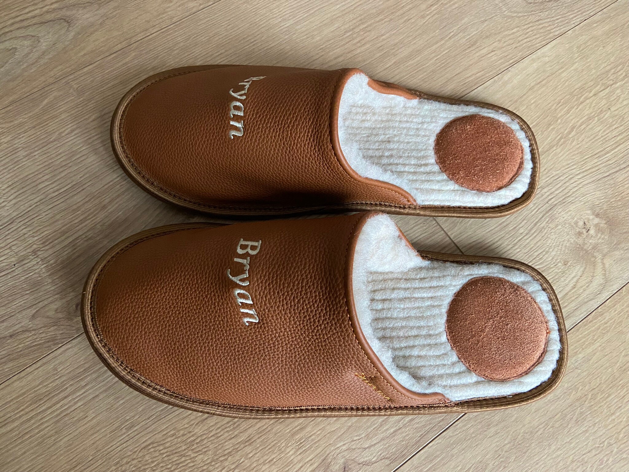 Personalized Brown Leather Slippers for Men: Embroidered Merino Wool ...