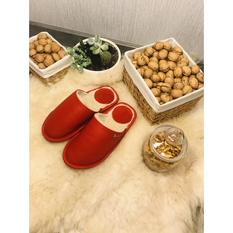 Women Slippers Red Slippers Leather Slippers Wool Slippers | Etsy