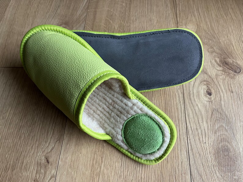 Green Leather Slippers for Women With Merino Wool - Etsy