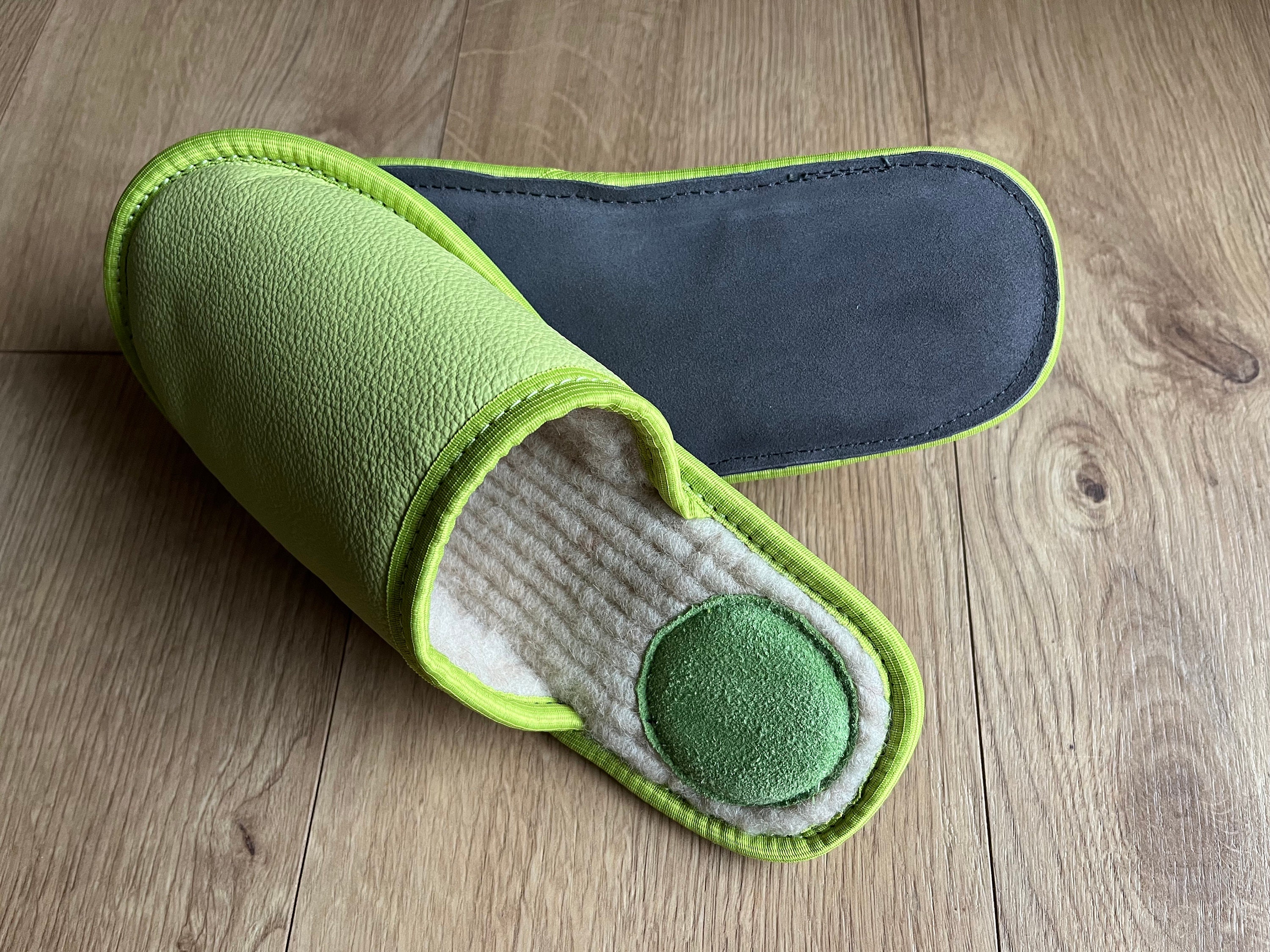 Green Leather Slippers for Women With Merino Wool - Etsy