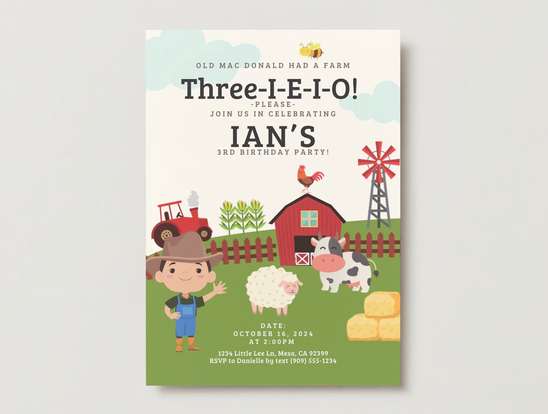 Three-i-e-i-o Birthday Invitation - Editable Canva Pro Template - Etsy