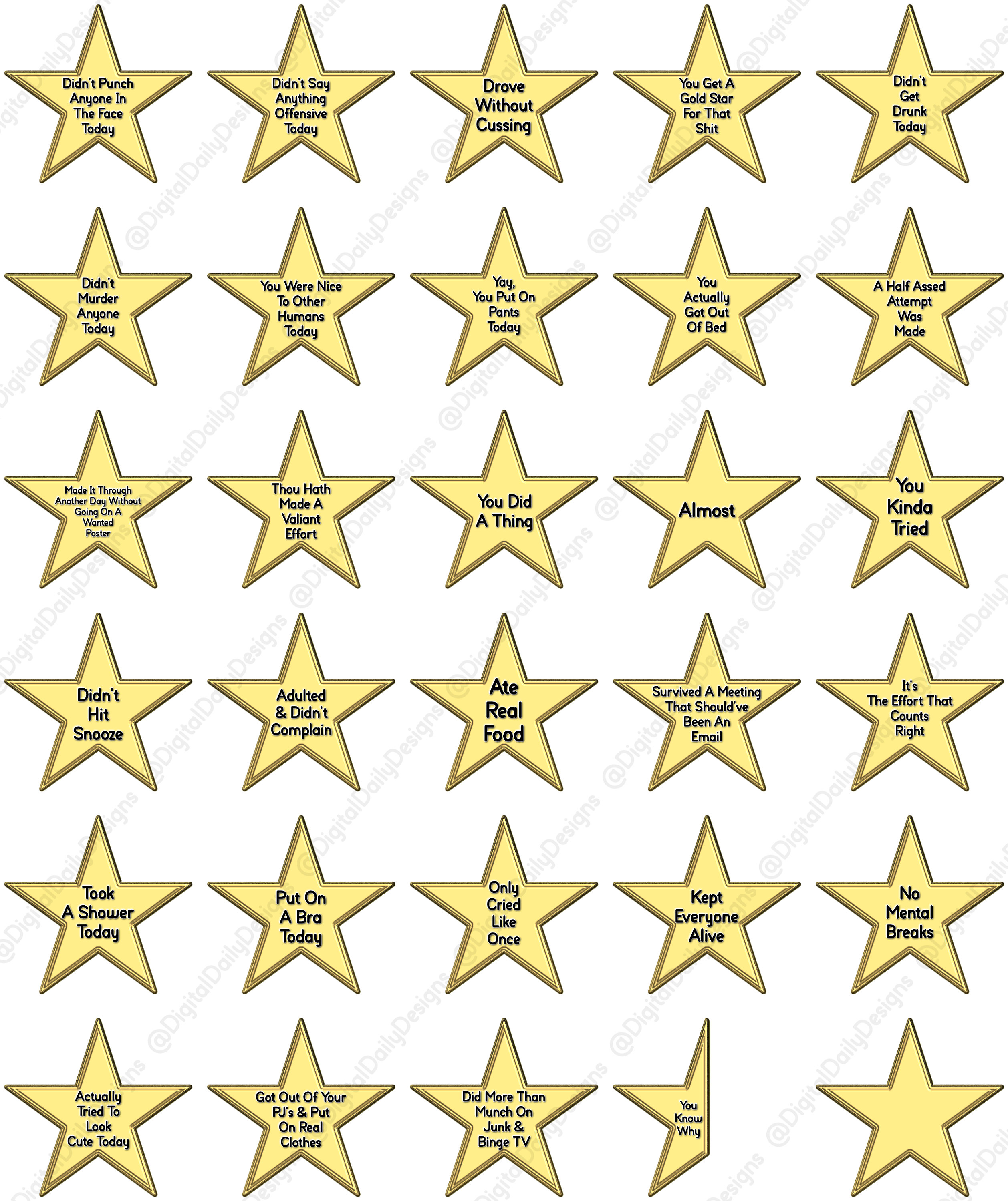 Adulting Gold Star and Star Rating Digital Sticker Set - Etsy