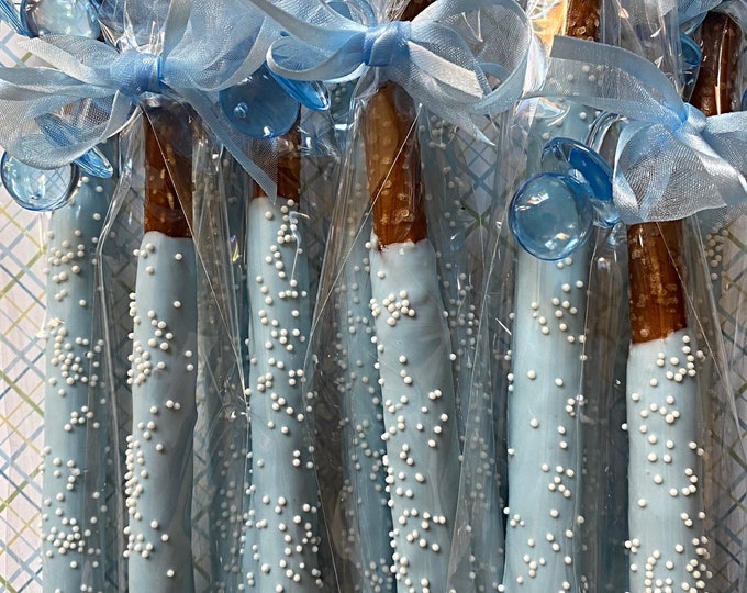 Blue Chocolate Dipped Pretzels With Pacifier, Baby Boy Shower Favors ...