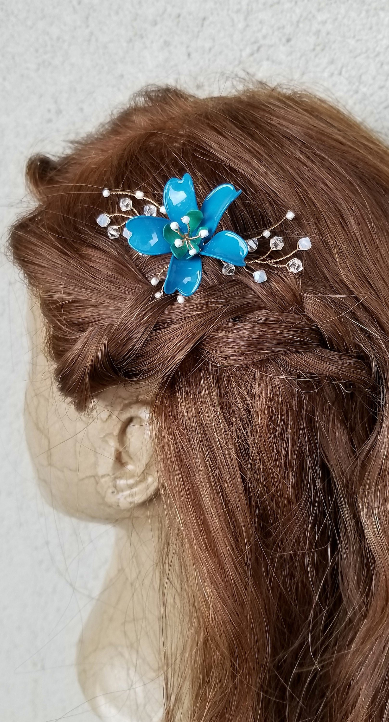 Blue Floral Hair Pin Beaded Hair Adornment Enamel Flower Hair Accessory ...