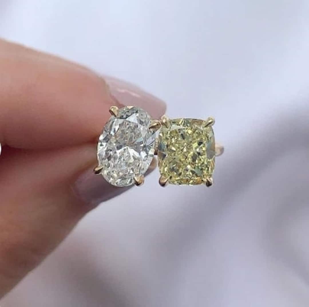 Toi Et Moi Engagement Ring, Yellow Cushion & Oval CZ Diamond Ring, Two ...