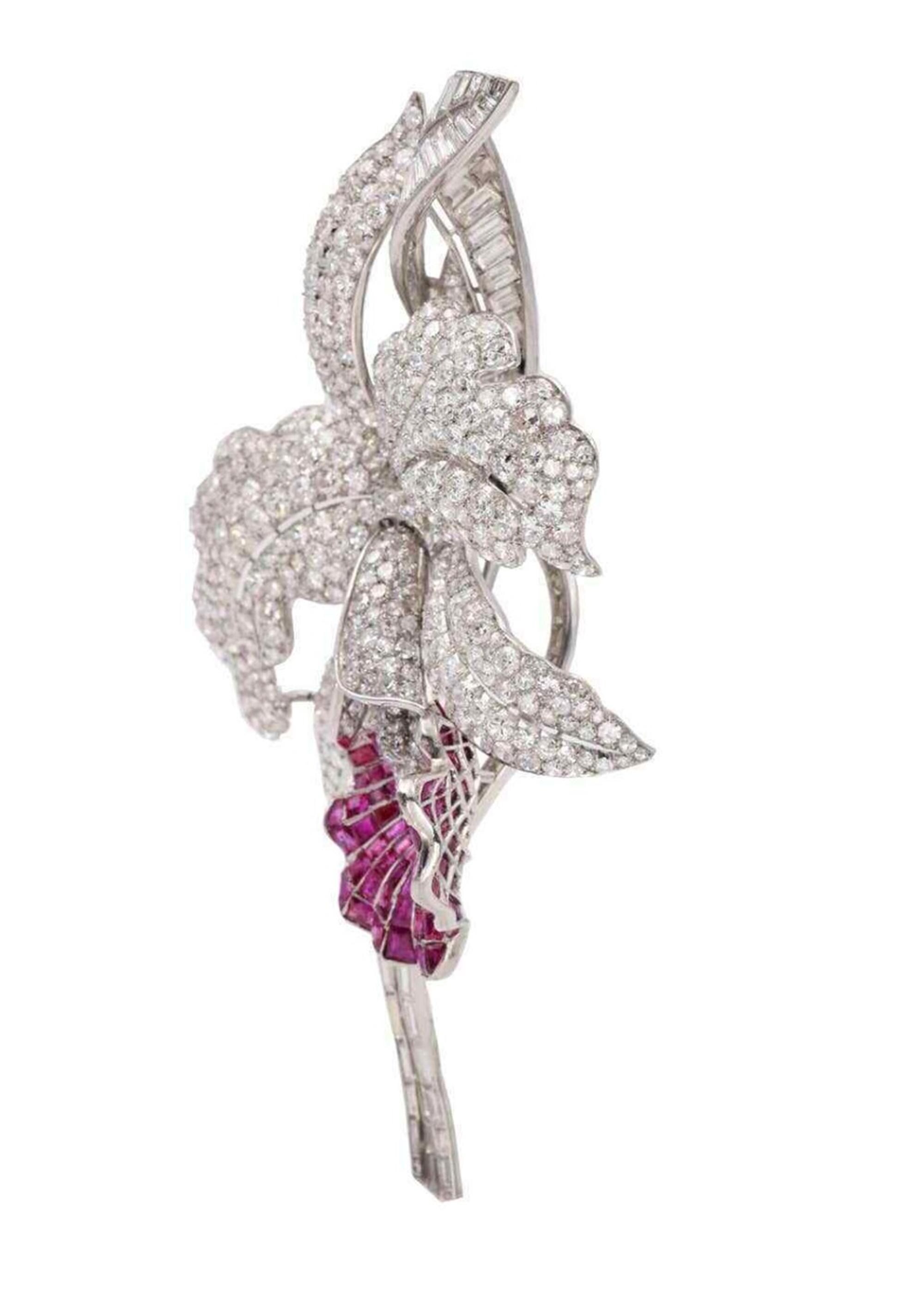 Luxury Flower Motif Ruby Brooch, Round & Baguette Cut CZ Stone Brooch ...