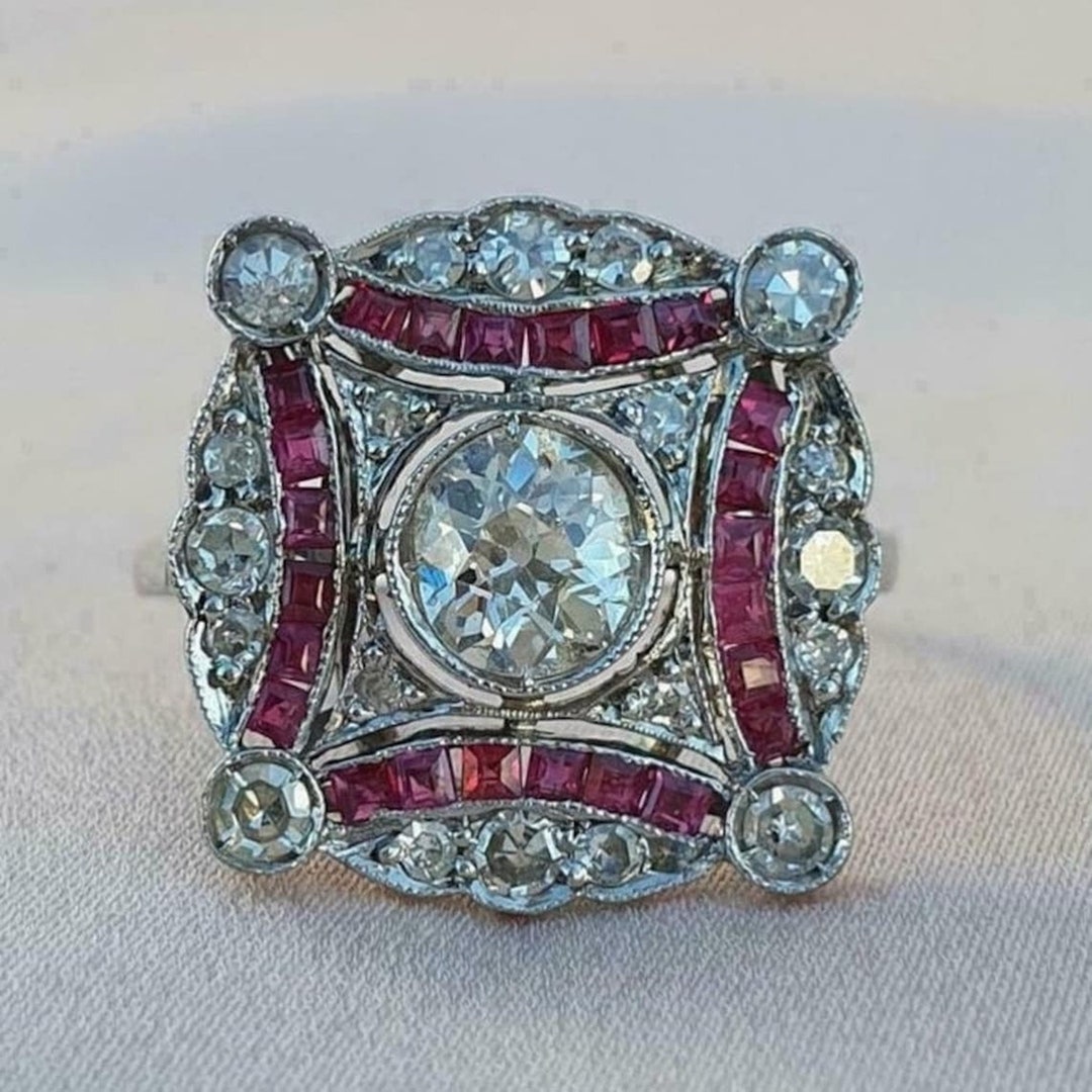 Ruby Pink Princess With Old European Cut Diamond Ring, Art Deco Vintage ...