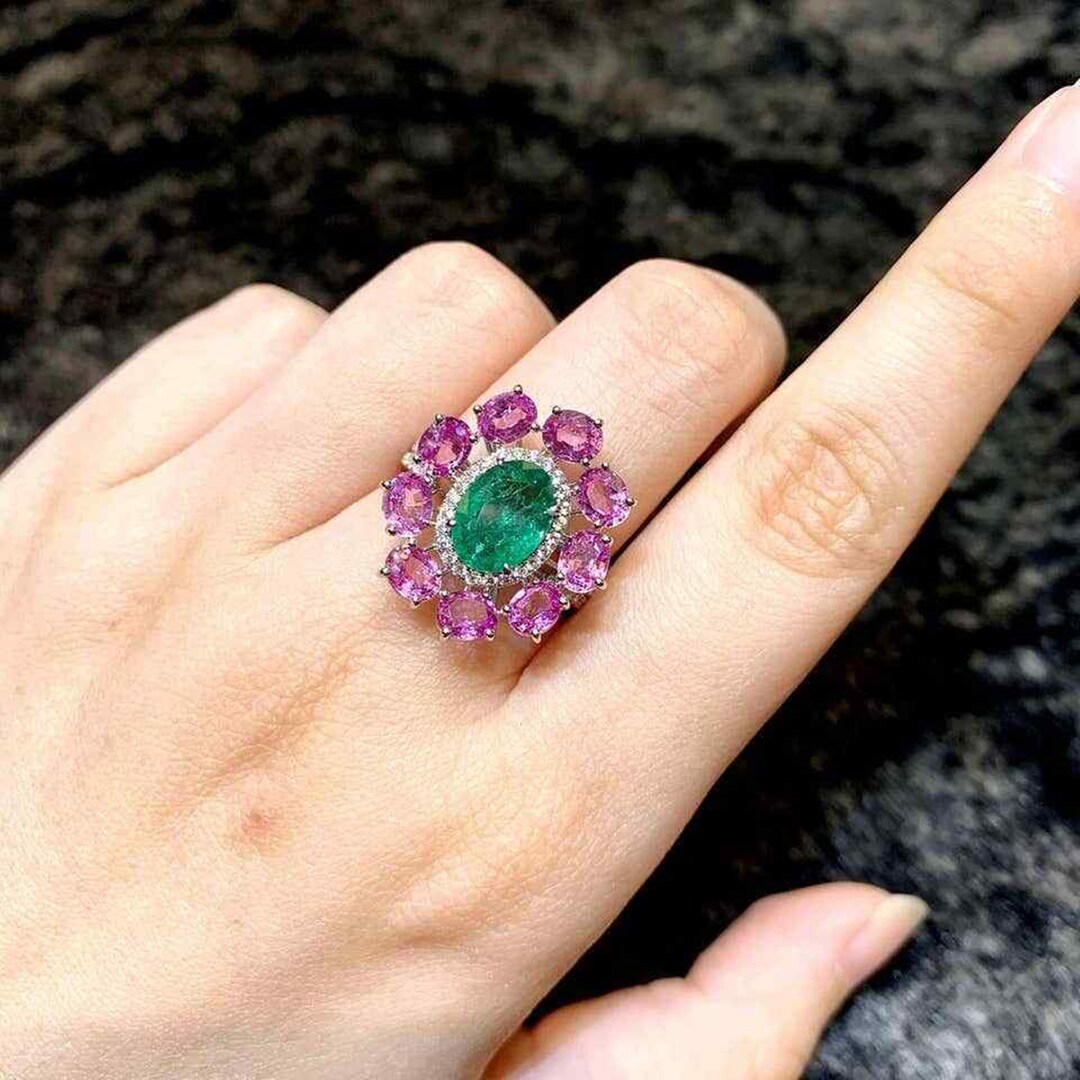 Gorgeous Ruby With Emerald CZ Stone Ring, Pink & Green Oval Cut Halo ...