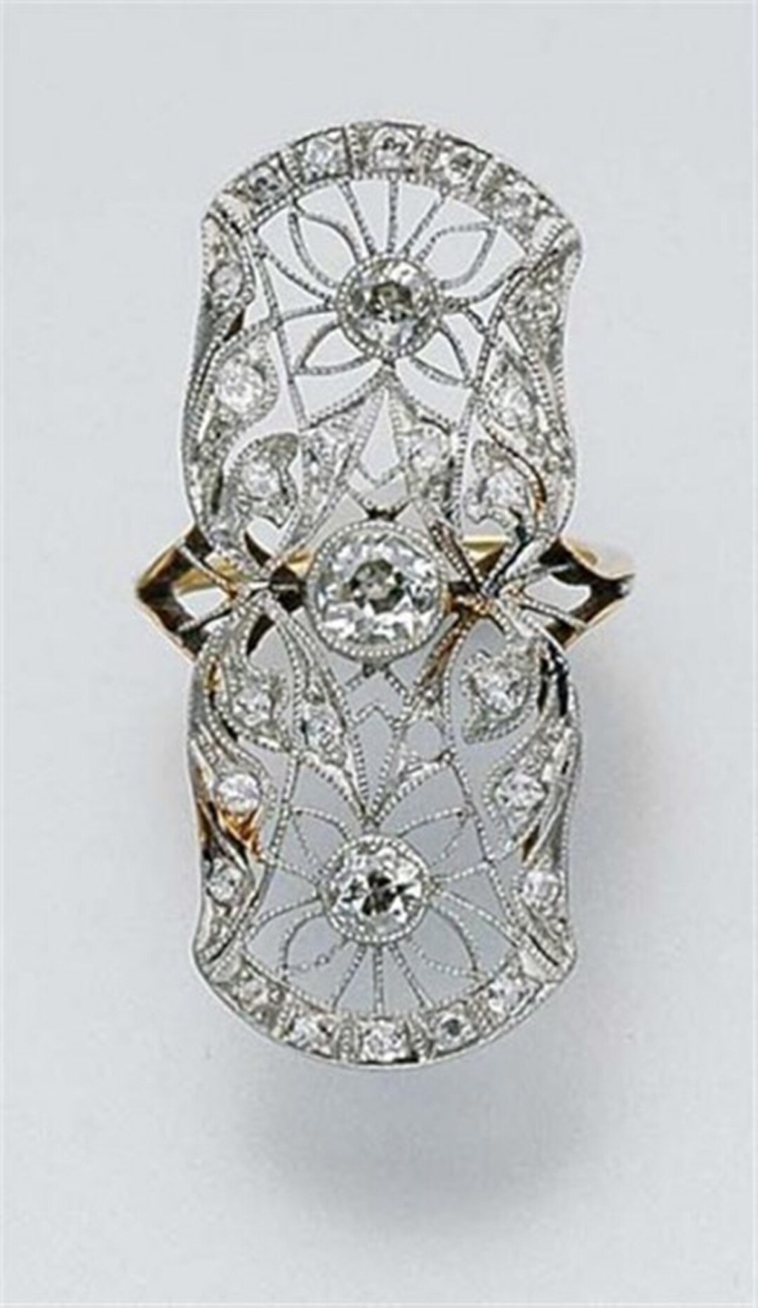 Victorian Openwork Filigree Ring, Three Stone Long Dinner Ring ...