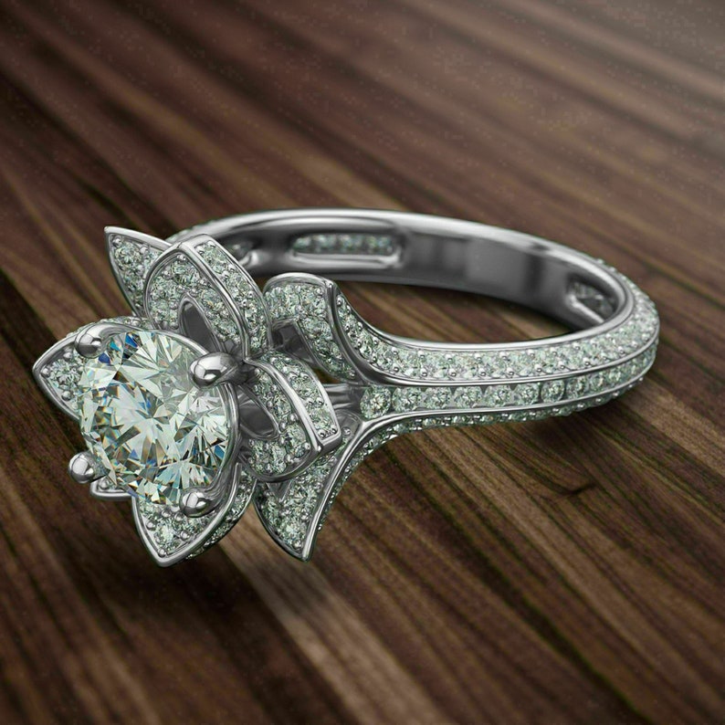 Lotus Flower Look Engagement Ring, Elegant Round Moissanite Diamond ...