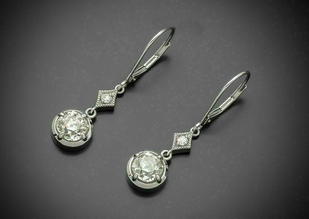 Antique Old Mine Cut & Round Moissanite Diamond Dangle Earring, Vintage ...