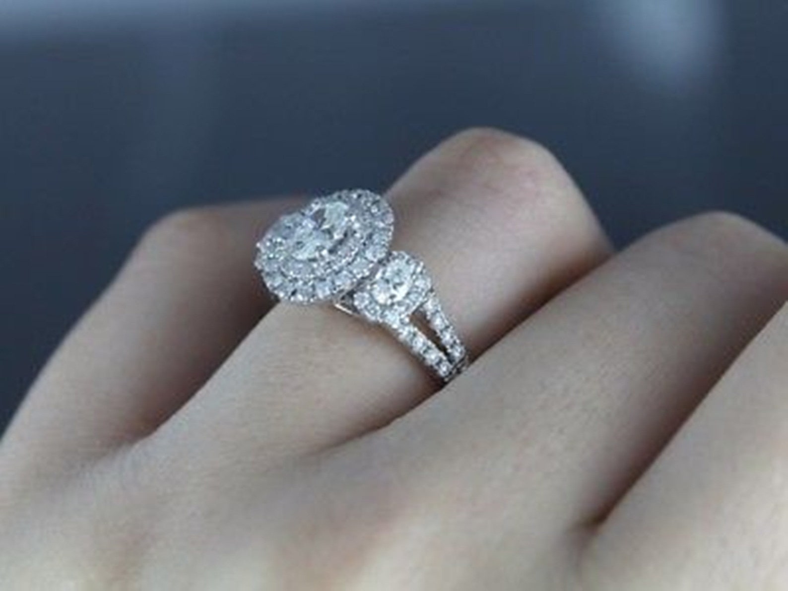 Center Oval With Double Halo Set Diamond Ring Split Shank - Etsy