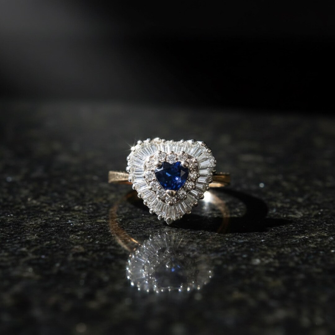 Heart Shape Double Halo Gemstone Ring, Blue Heart CZ Stone Wedding ...