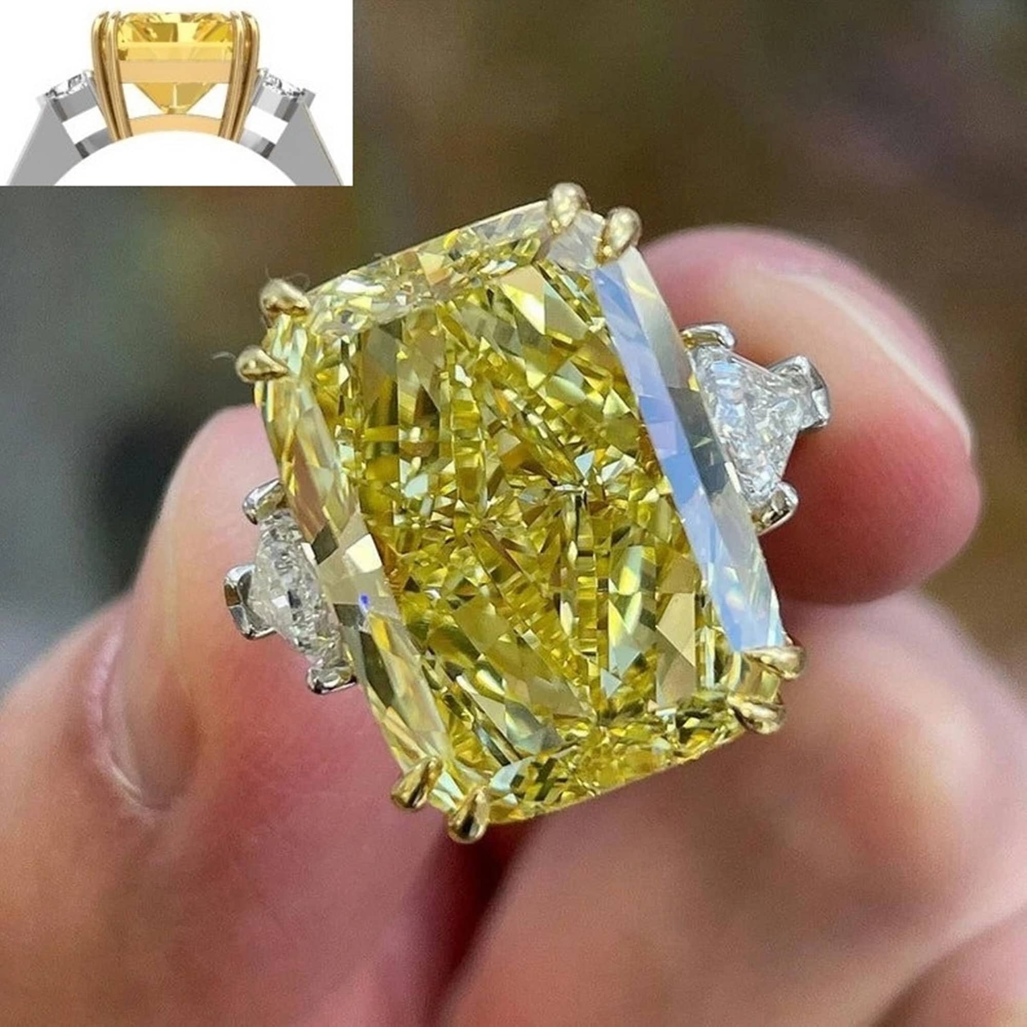 Canary Yellow Radiant With Trillion Cut CZ Stone Ring, 925 Silver Three ...