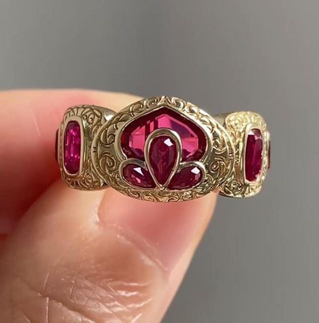 Multi Shape Ruby CZ Stone Ring, Antique Art Deco Engraved Ring ...