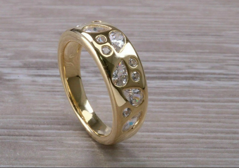 Flush Set Cigar Band Ring in 14k Gold Pear & Round Cut CZ - Etsy