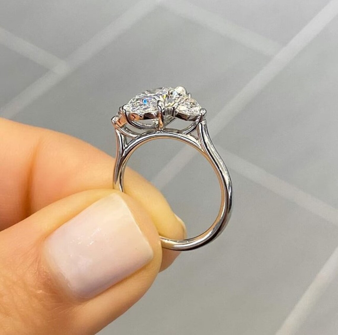 Colorless Oval and Trillion Cut CZ Stone Ring, Three Stone Wedding ...