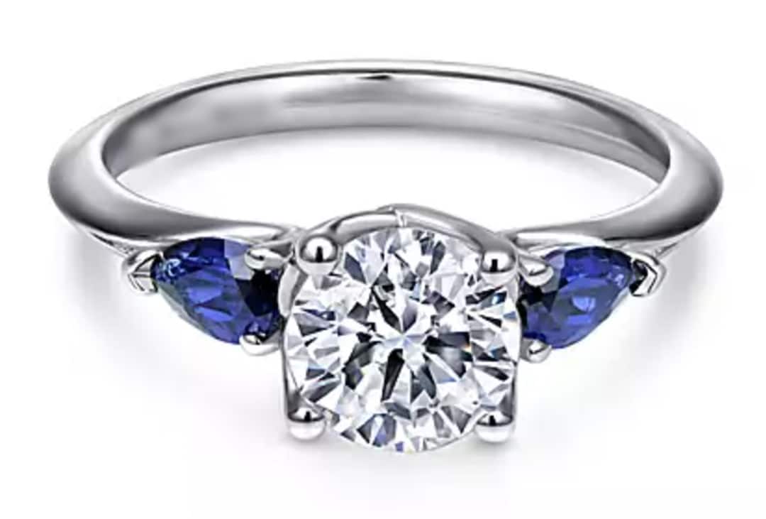 Three Stone Engagement Ring, Sapphire Teardrop Gemstone Ring, Round ...